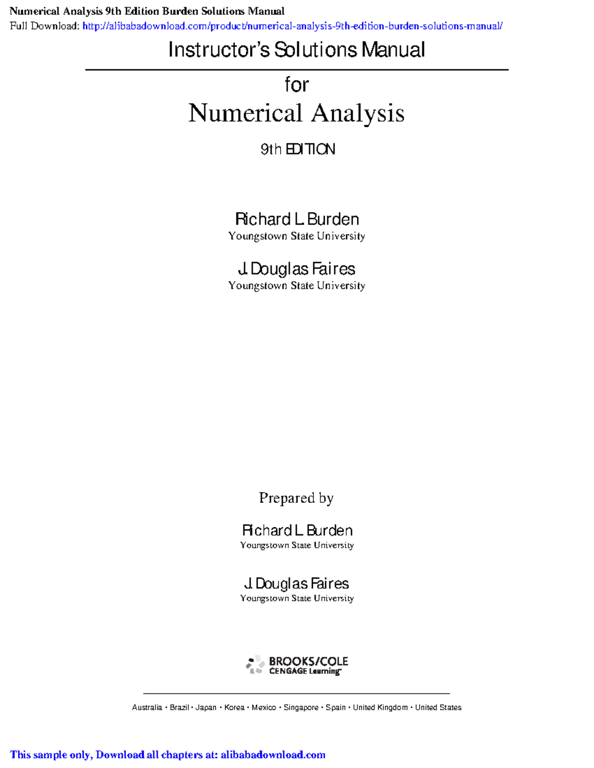 Numerical Analysis 9th Edition Burden Solutions Manual Instructors