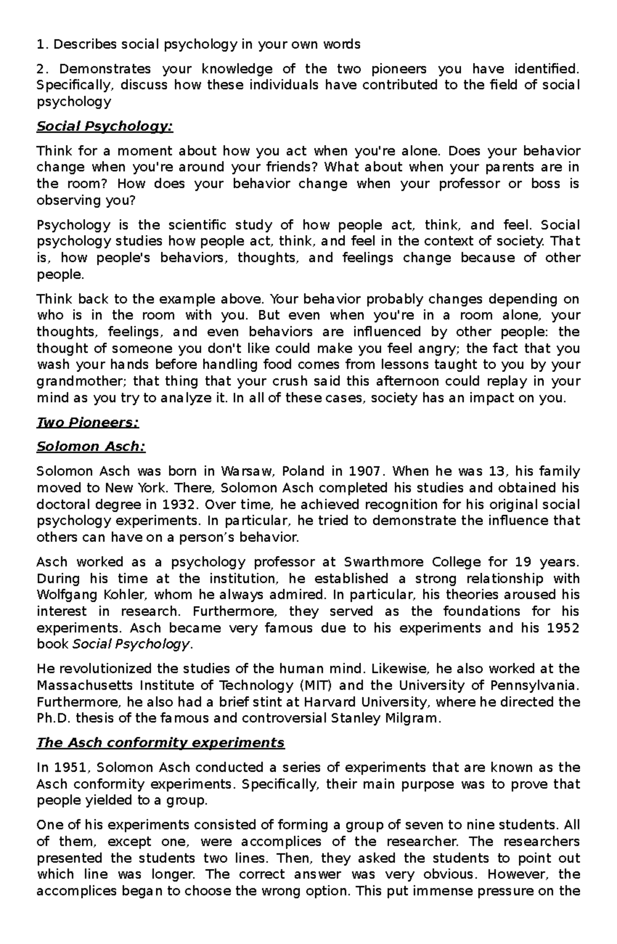 Describing social psychology - Describes social psychology in your own ...