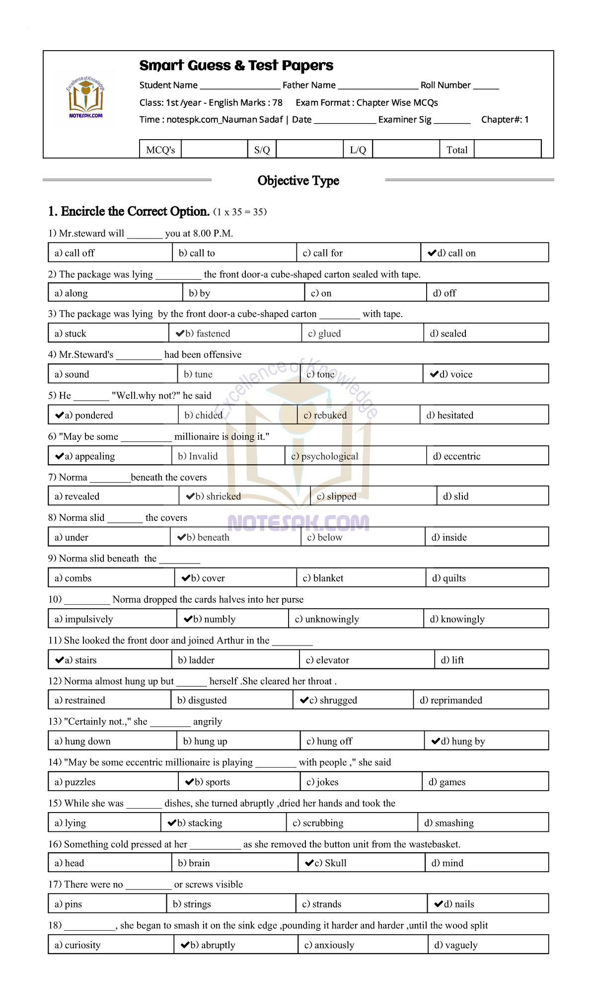 Solved MCQs - it is best mcqs for english paper - 1. Encircle the ...
