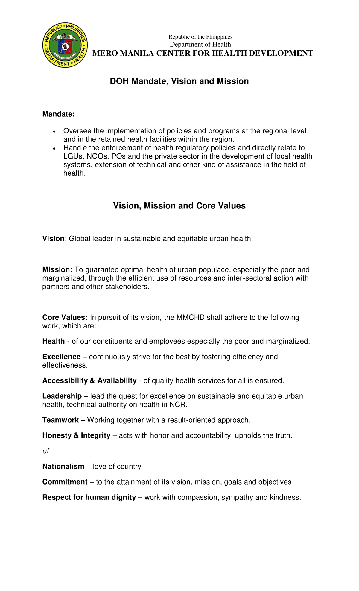 DOH Mandate - Republic of the Philippines Department of Health MERO ...