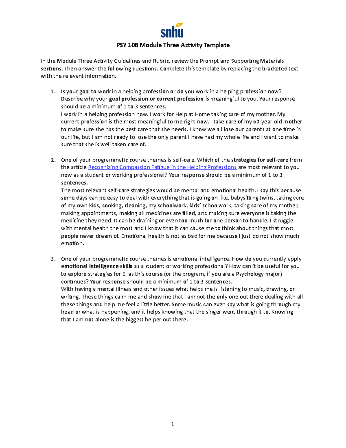 PSY 108 Module Three Activity Template - Then answer the following ...