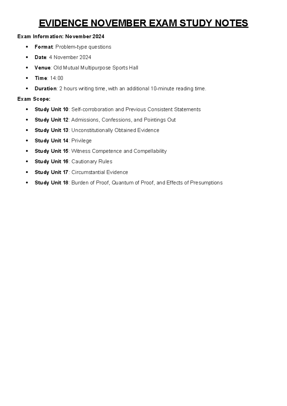 Evidence EXAM Notes - EVIDENCE NOVEMBER EXAM STUDY NOTES Exam ...