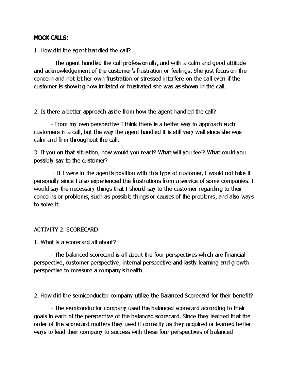 MOCK Calls - MOCK CALLS: How did the agent handled the call? The agent ...