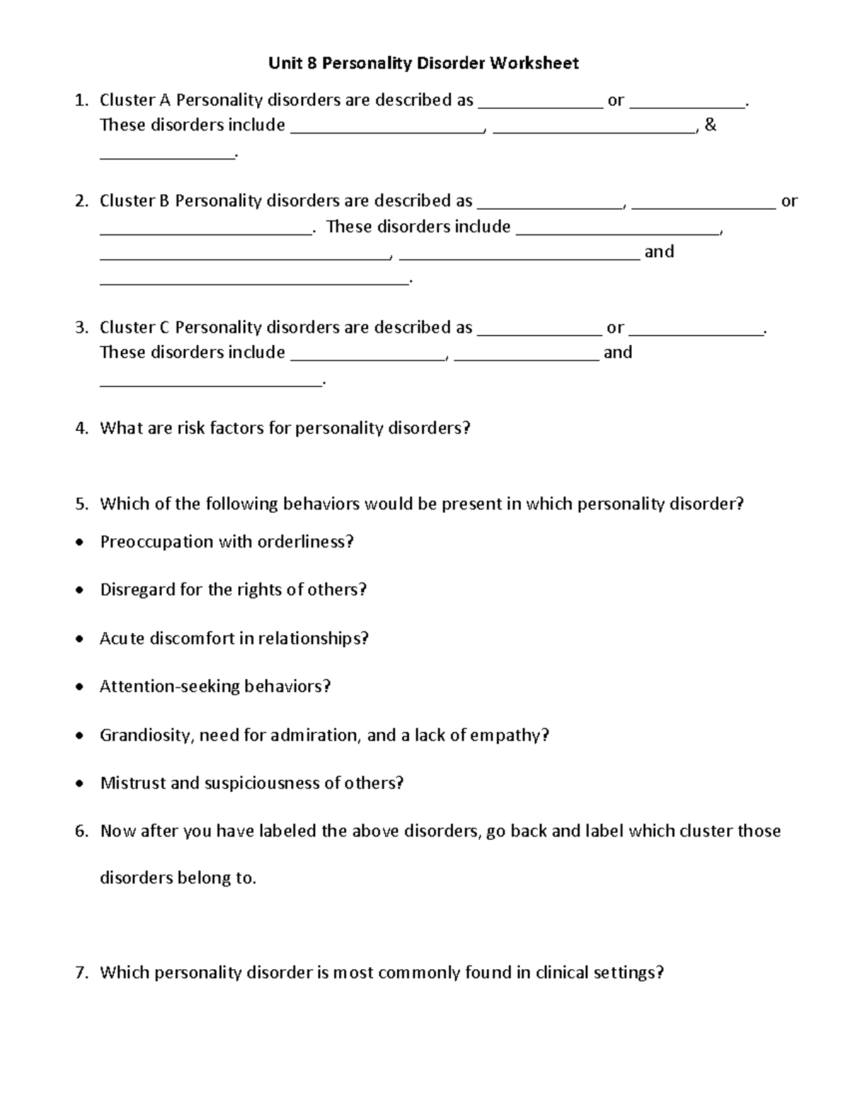 Personality Disorder Activity - Unit 8 Personality Disorder Worksheet 1 ...