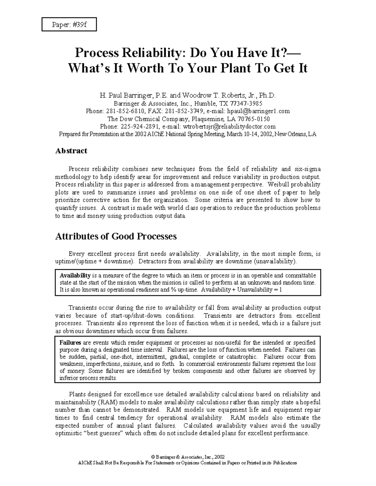 Process Reliability Do You Have It - Barringer and Associates, Inc ...