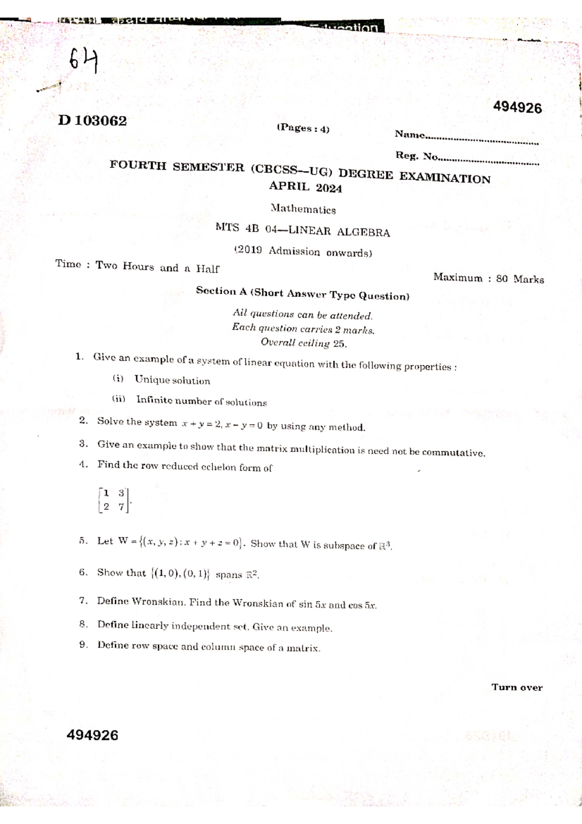 Bsc maths 4th sem core question paper - day 64 494926 D 103062 (Pages ...