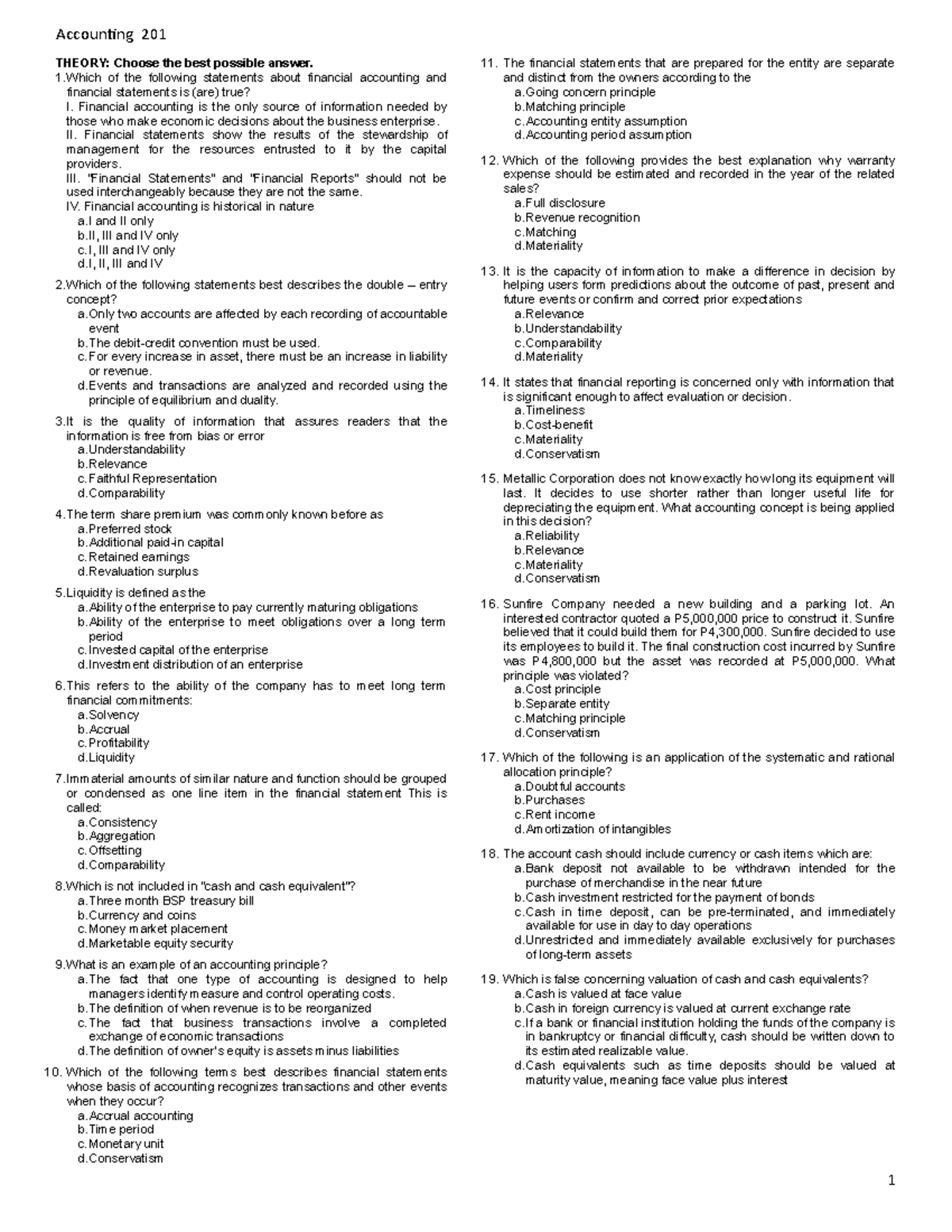 Sample/practice exam 15 September 2018, questions - Accounting 201 ...