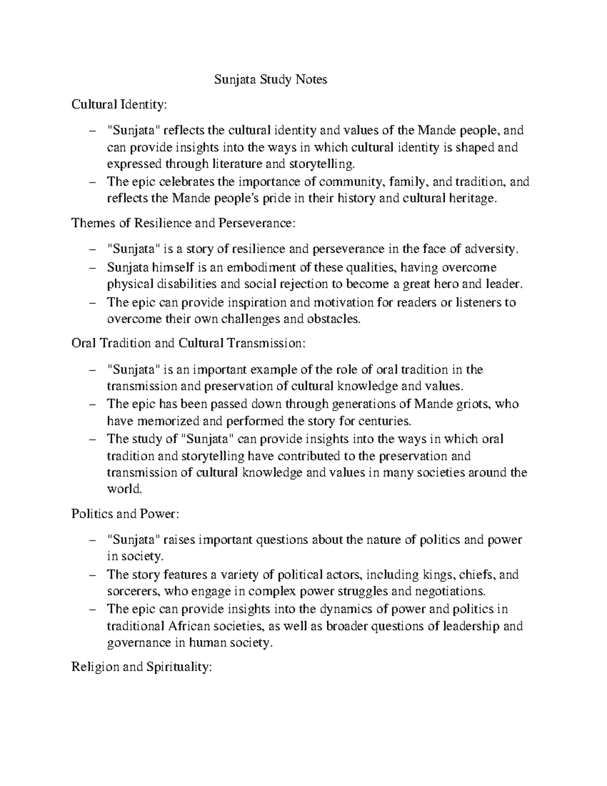 Sunjata Study Notes pt 3 - Sunjata Study Notes Cultural Identity: − ...