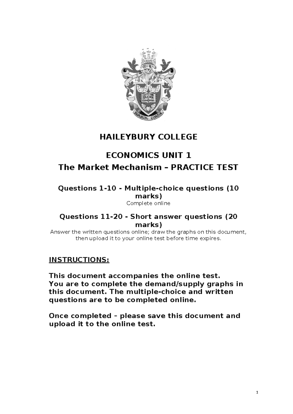2020 Market Mechanism test - graphs - HAILEYBURY COLLEGE ECONOMICS UNIT ...