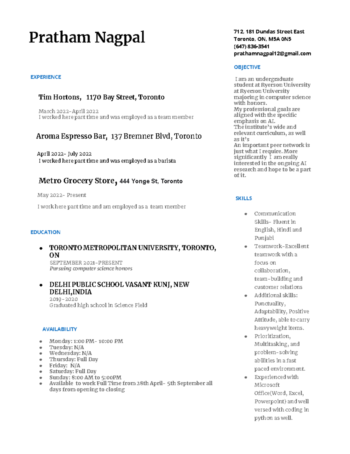 Resume - jjhhpii - Pratham Nagpal EXPERIENCE Tim Hortons, 1170 Bay ...