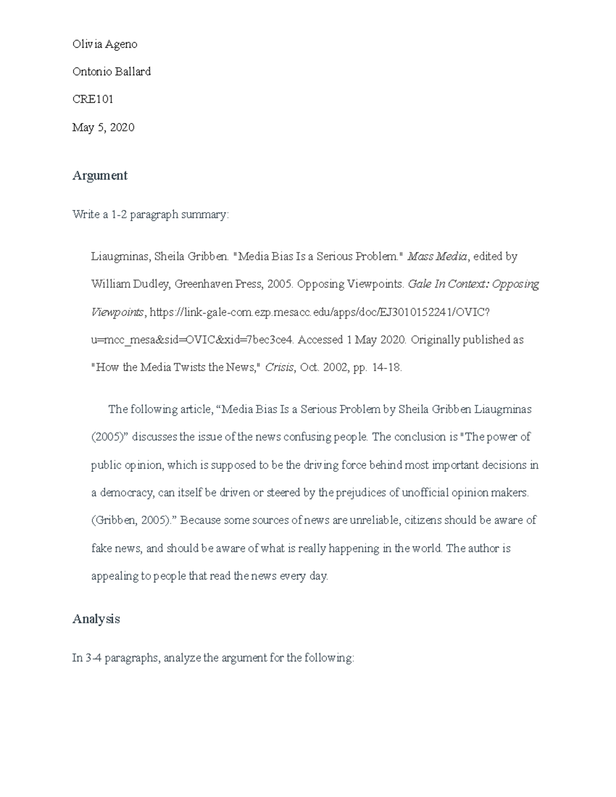 Critical Paper 6 Olivia Ageno - Ontonio Ballard CRE May 5, 2020 ...