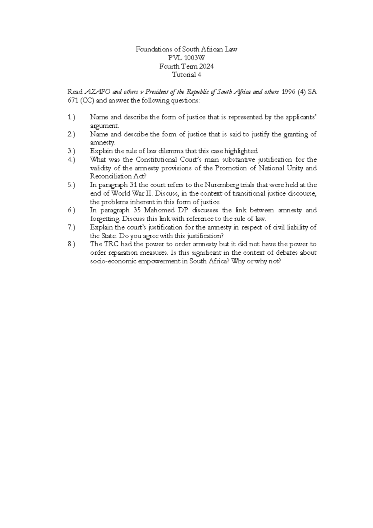 Azapo Tutorial 4 Questions - Copy - Foundations of South African Law ...