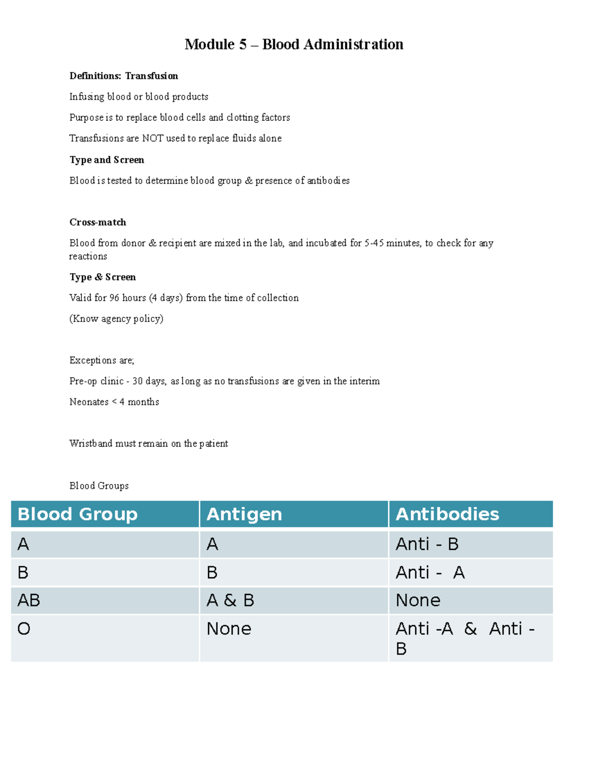 Module 5 Blood Administration PPT Outline 2018 - Definitions ...