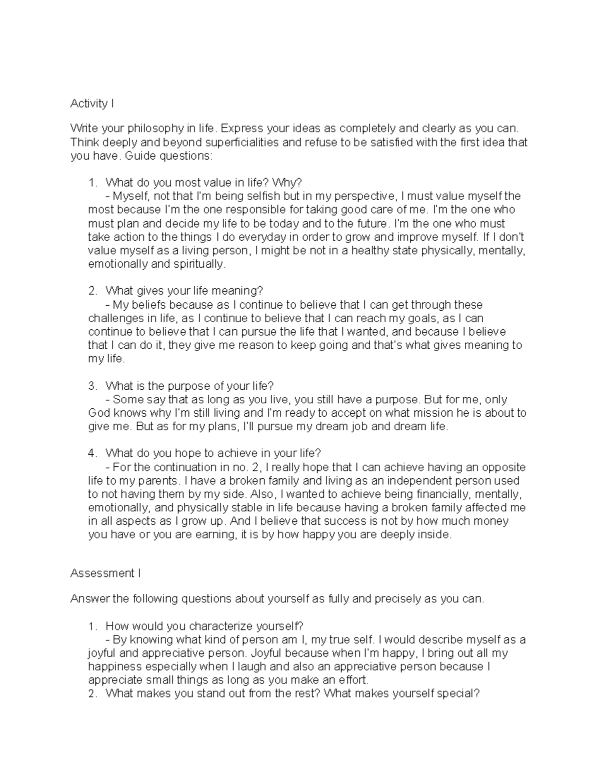 Lesson 1 Philosophy - Activity I Write your philosophy in life. Express ...