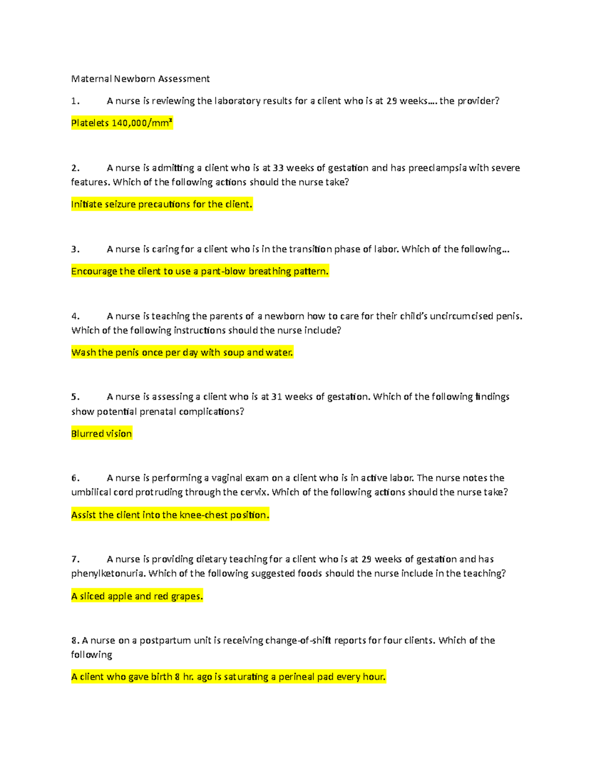 Capstone Maternal Newborn Assessment - Maternal Newborn Assessment1. A ...