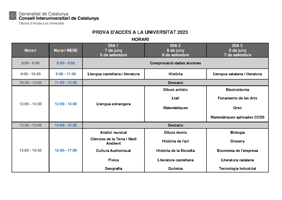 Horari PAU 2023 - PROVA D'ACCÉS A LA UNIVERSITAT 2023 HORARI Horari ...