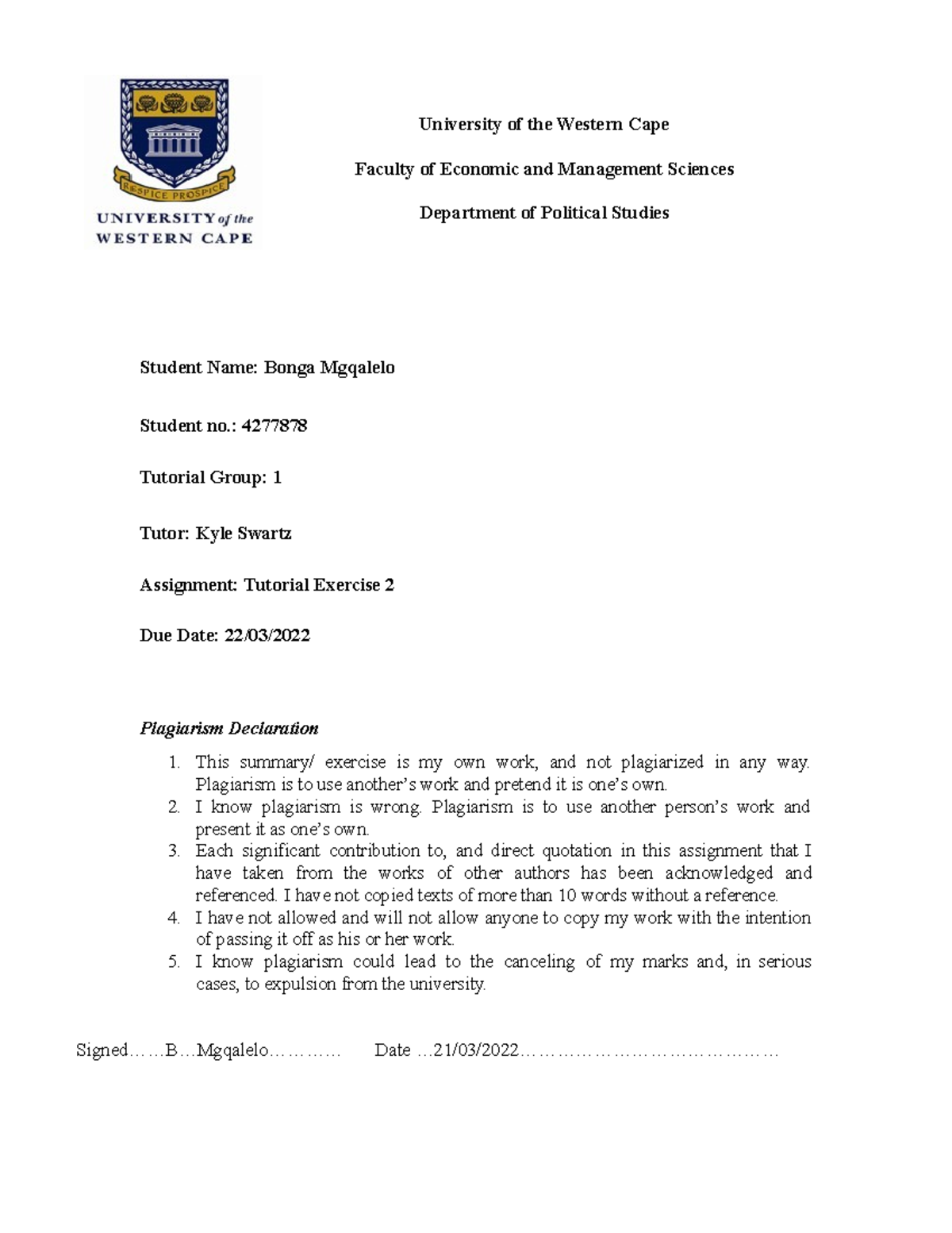 POL 131 tutorial exercise 2 - University of the Western Cape Faculty of ...