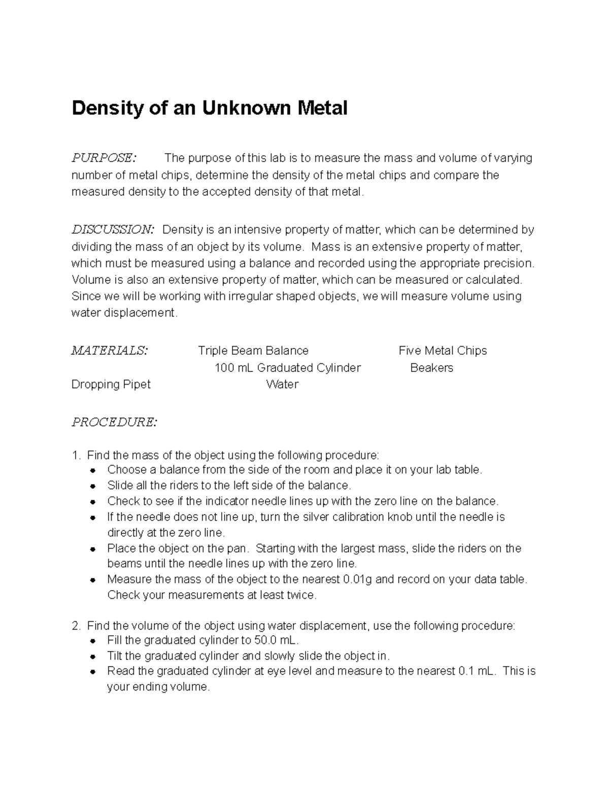Copy of Density Lab Notes Biology - Density of an Unknown Metal PURPOSE ...