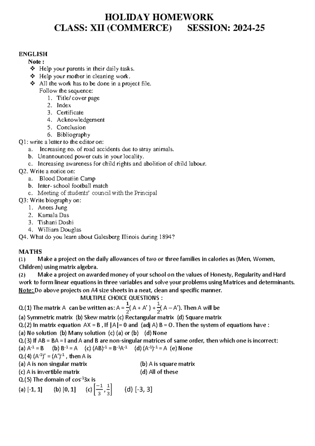 XII (Commerce) Holiday Homework - HOLIDAY HOMEWORK CLASS: XII (COMMERCE ...