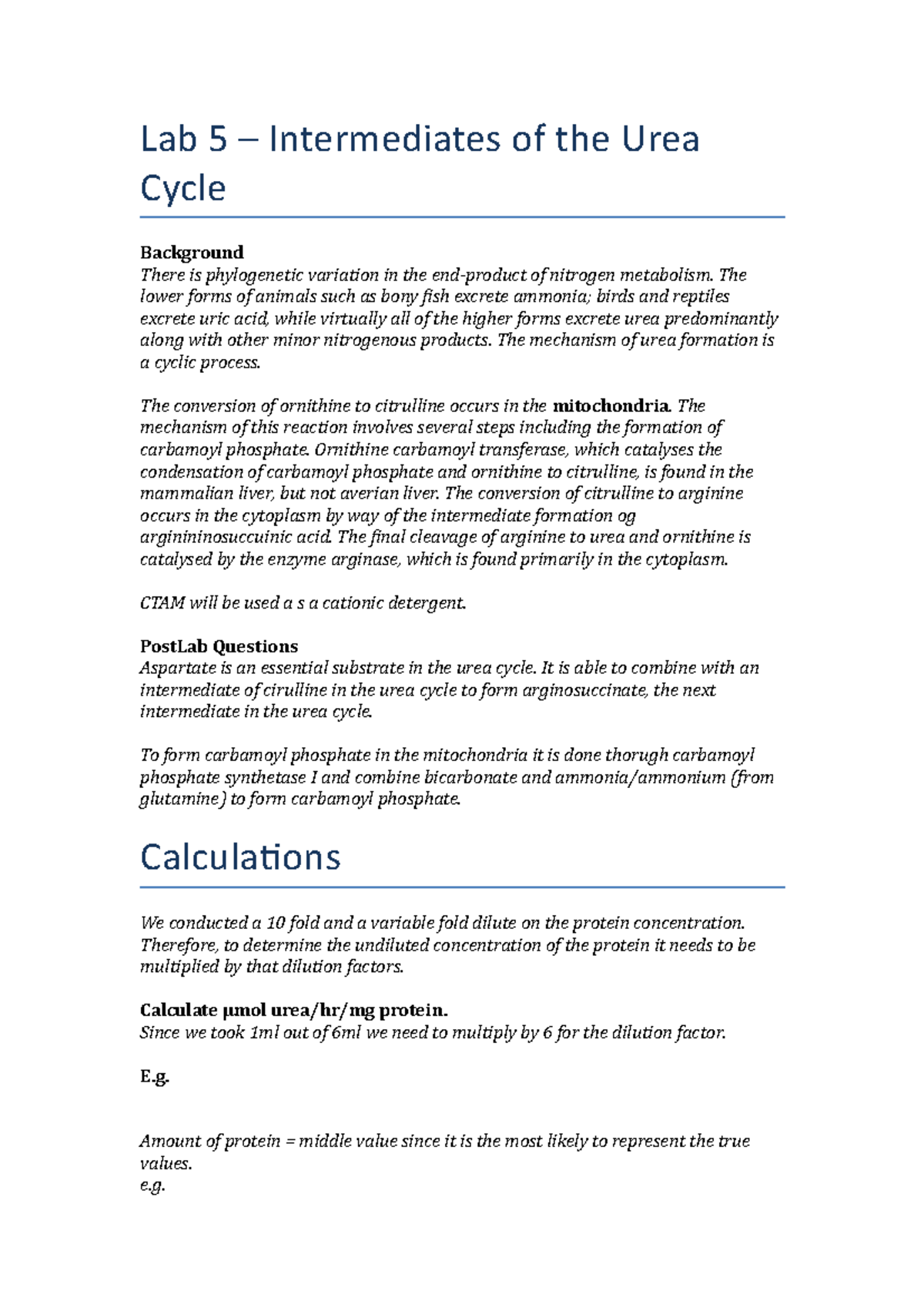 Lab 5 – Intermediates of the Urea Cycle - Lab 5 – Intermediates of the ...