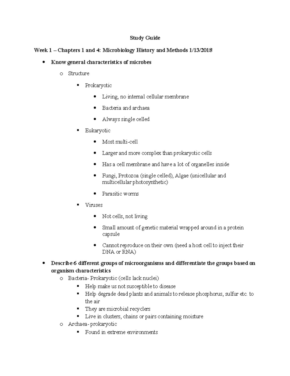 BIO Study Guide - Study Guide Week 1 – Chapters 1 and 4: Microbiology ...