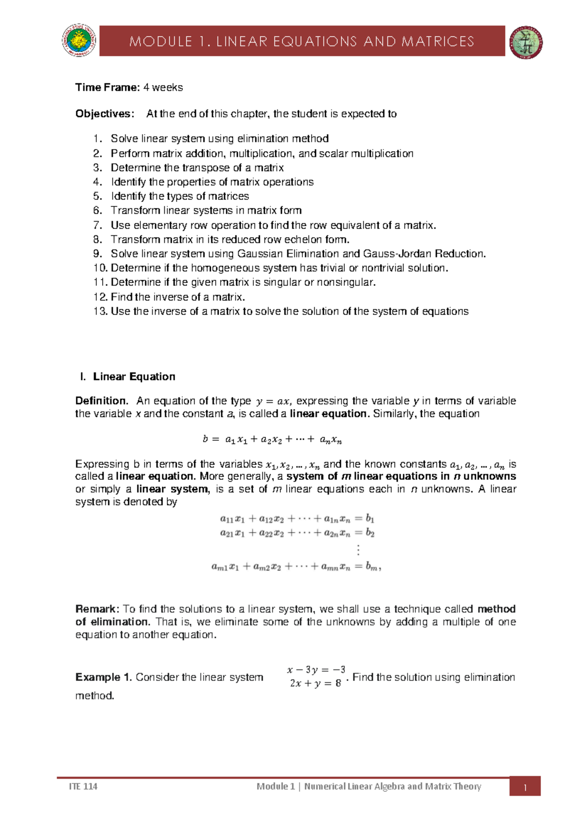 ITE 114 Module 1 - ITE 114 Module 1 | Numerical Linear Algebra and ...