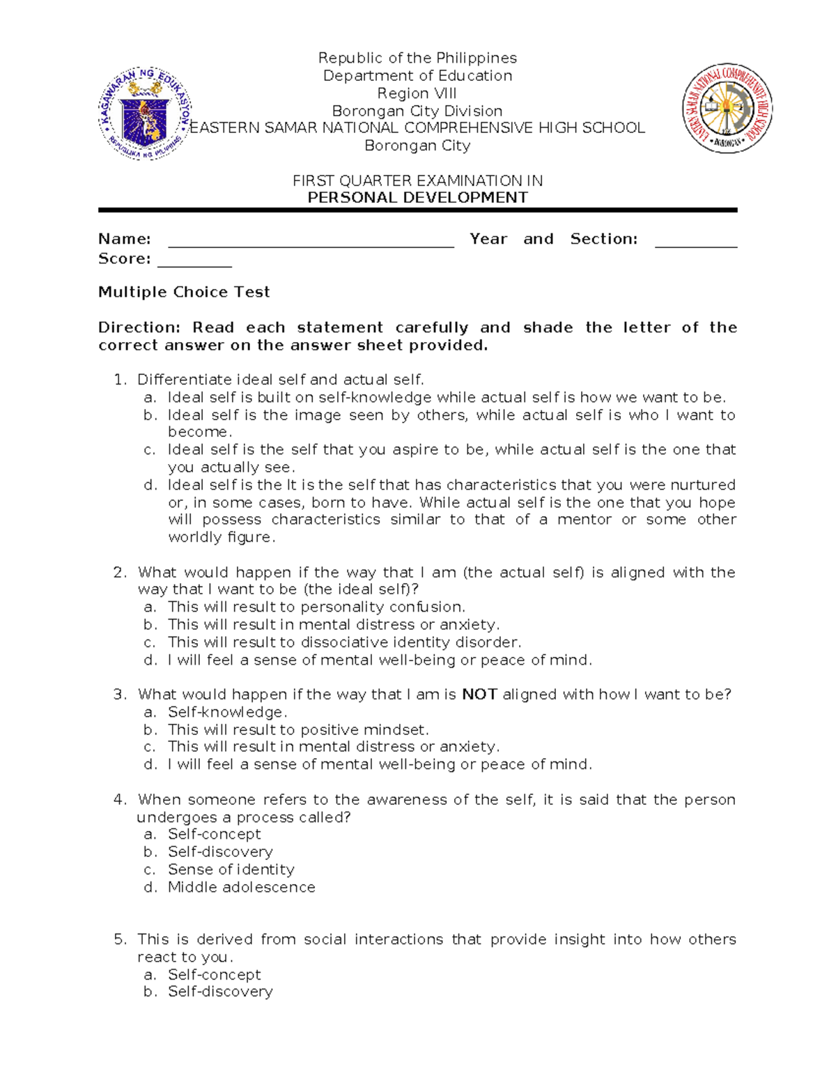1st qtr per dev - exam - Republic of the Philippines Department of ...