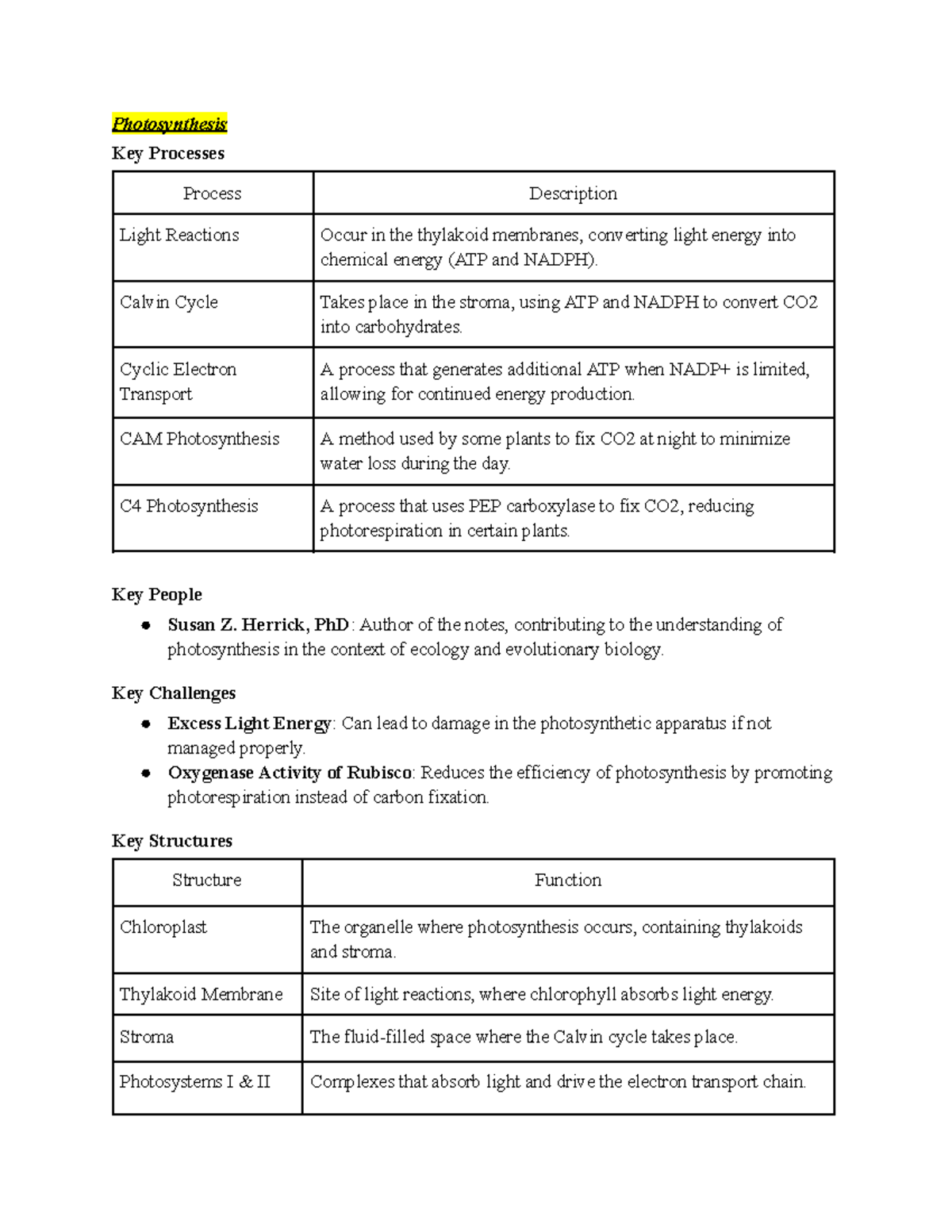 Exam 2 notes - Photosynthesis Key Processes Process Description Light ...