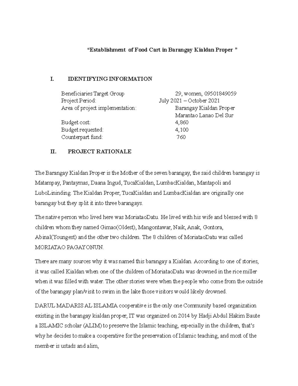 Project Proposal - “Establishment of Food Cart in Barangay Kialdan ...