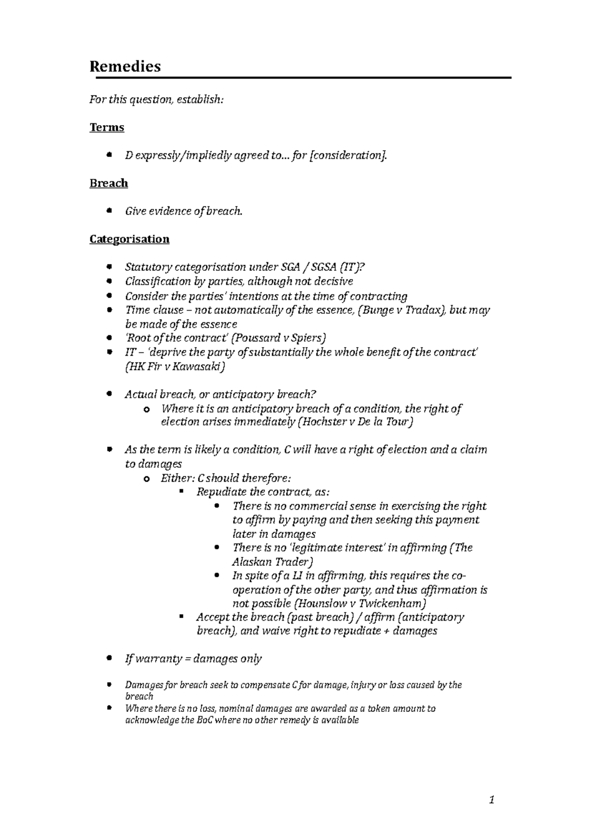 09 Remedies - contract law - 1 Remedies For this question, establish ...