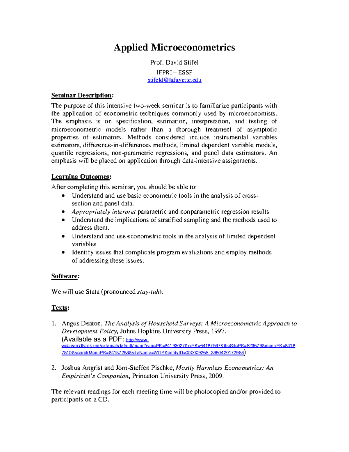 Ifpri metrics 2012 syllabus - Applied Microeconometrics Prof. David Stifel IFPRI – ESSP - Studocu