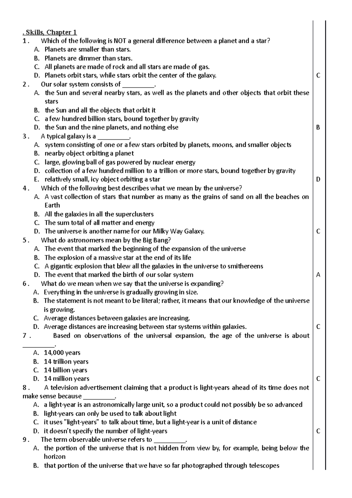 Astro MCQ - Answer key is attached. - . Skills, Chapter 1 Which of the ...