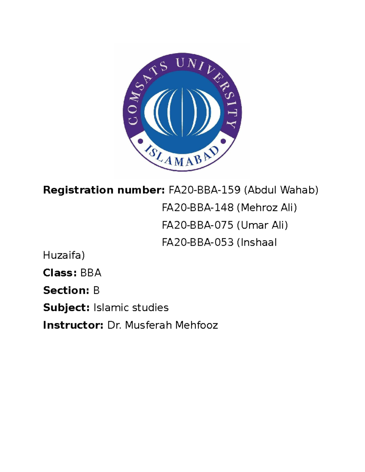 Islamiat Assignment 1 - sdas d as - Registration number: FA20-BBA-159 ...