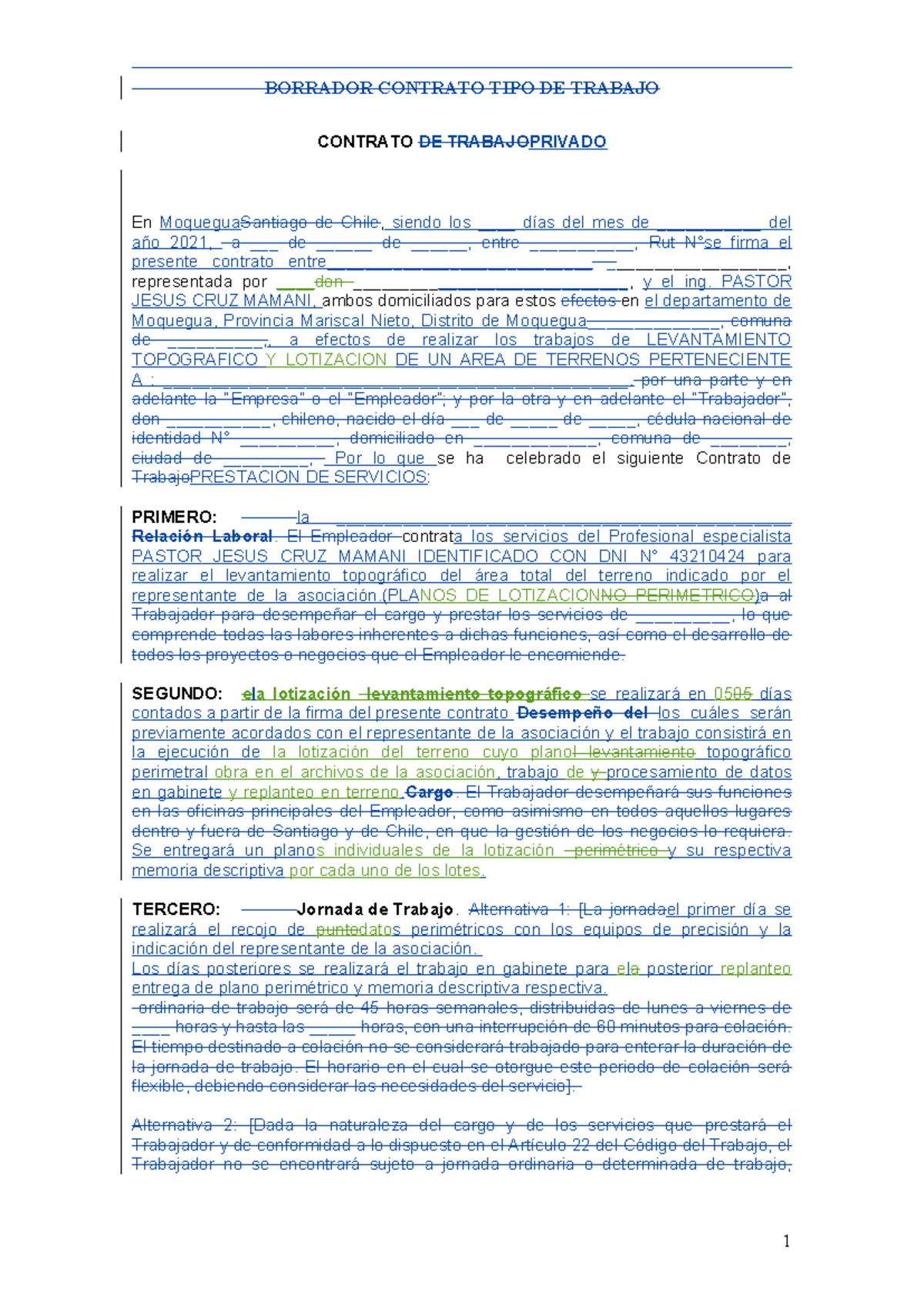 Contrato - documento para tramite - BORRADOR CONTRATO TIPO DE TRABAJO ...