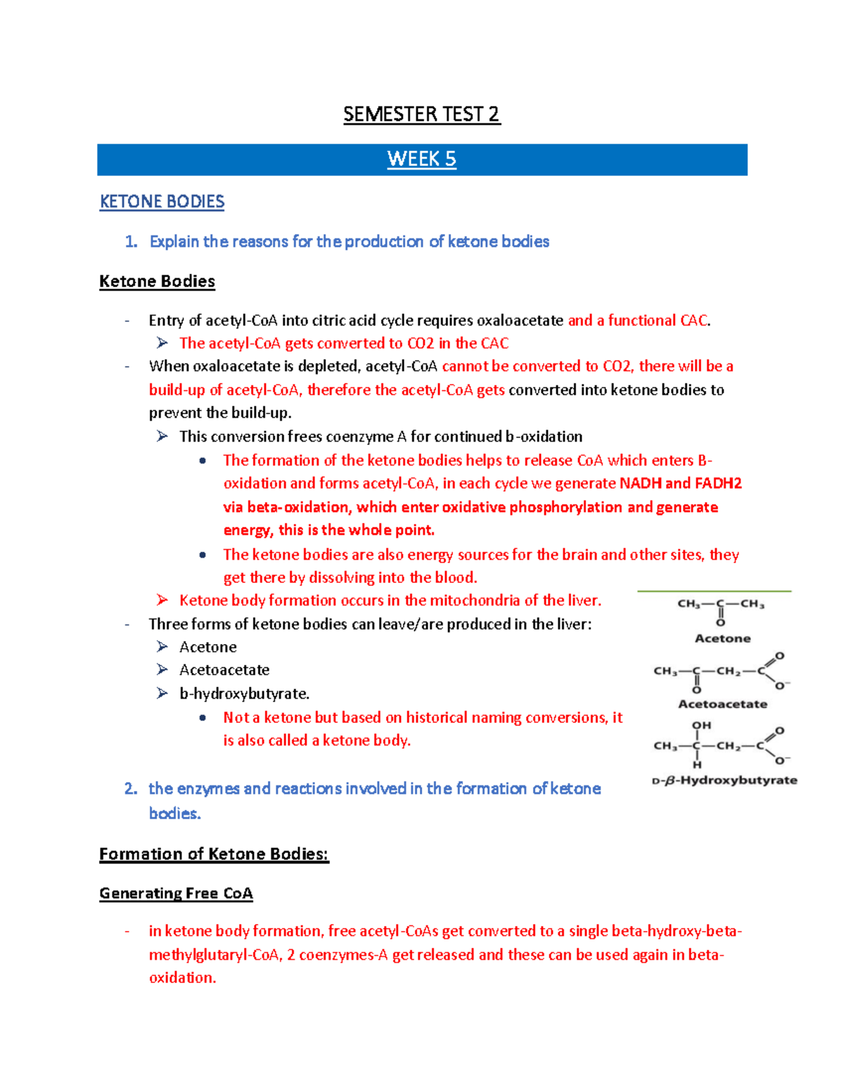 BCM 261 Semester TEST 2 - SEMESTER TEST 2 WEEK 5 KETONE BODIES 1 ...