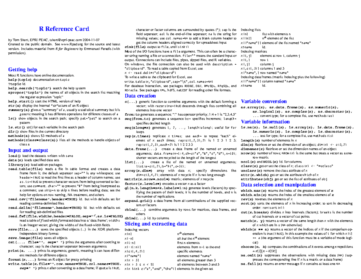 Short-refcard - gives a summery of all useful functions in r and r ...