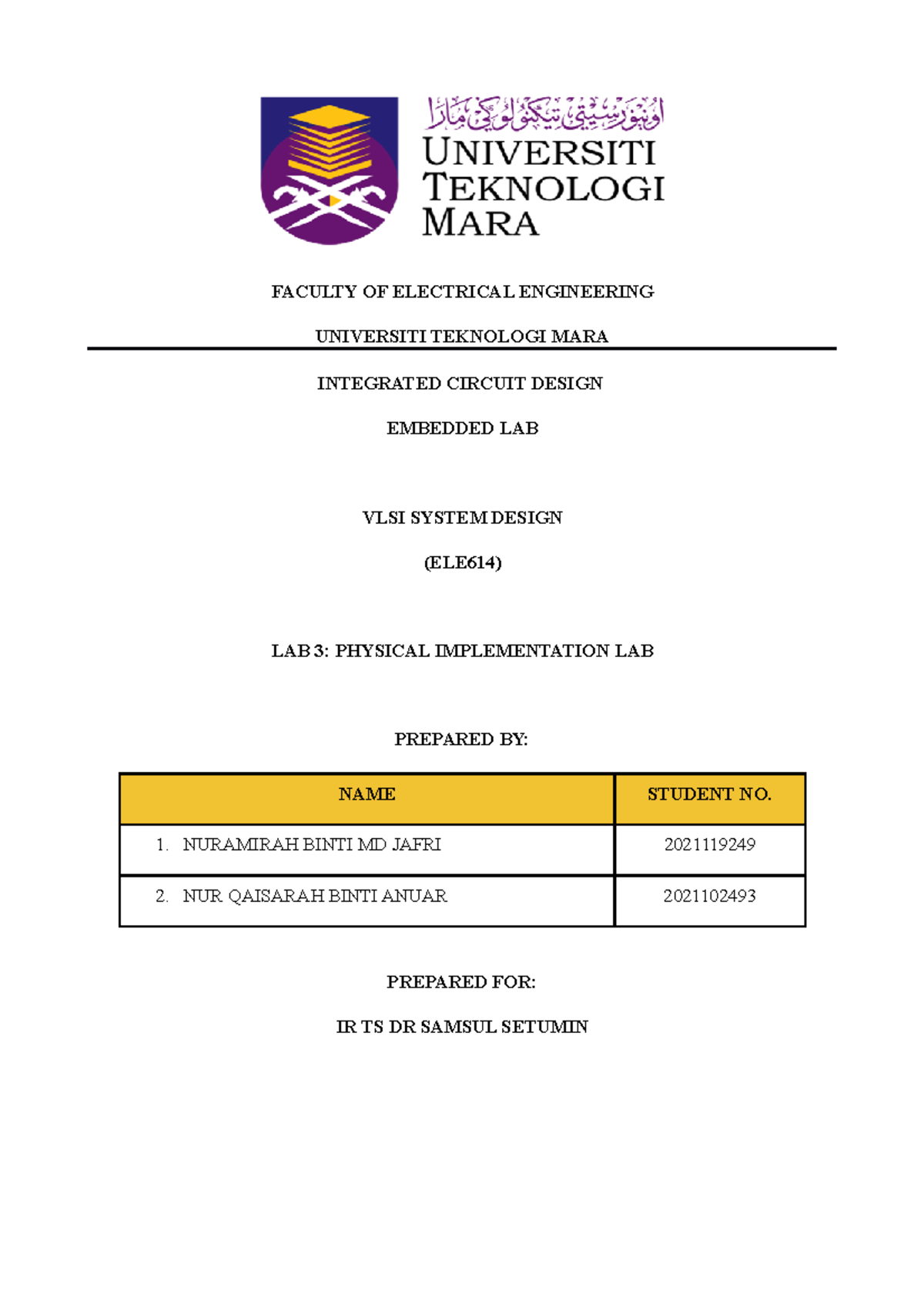 LAB 3 Report - FACULTY OF ELECTRICAL ENGINEERING UNIVERSITI TEKNOLOGI ...