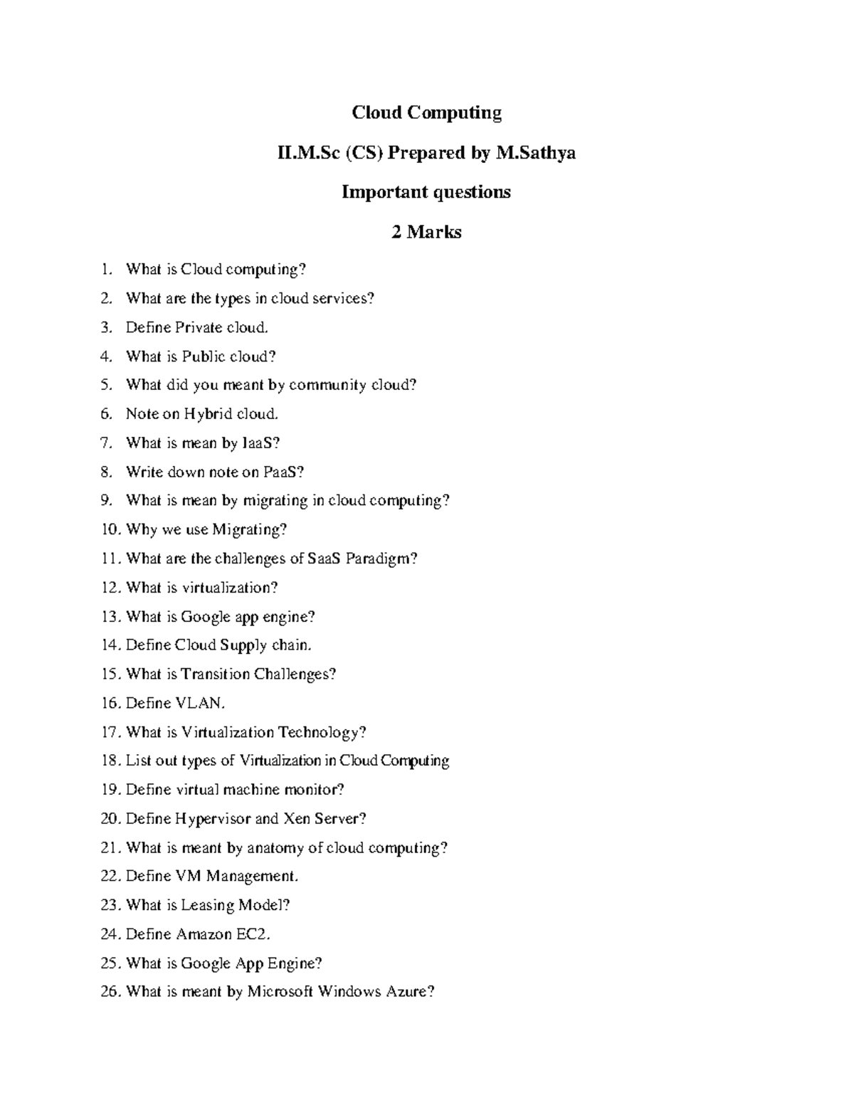 Cloud computing exercise questions - Cloud Computing II.M (CS) Prepared by M Important questions ...