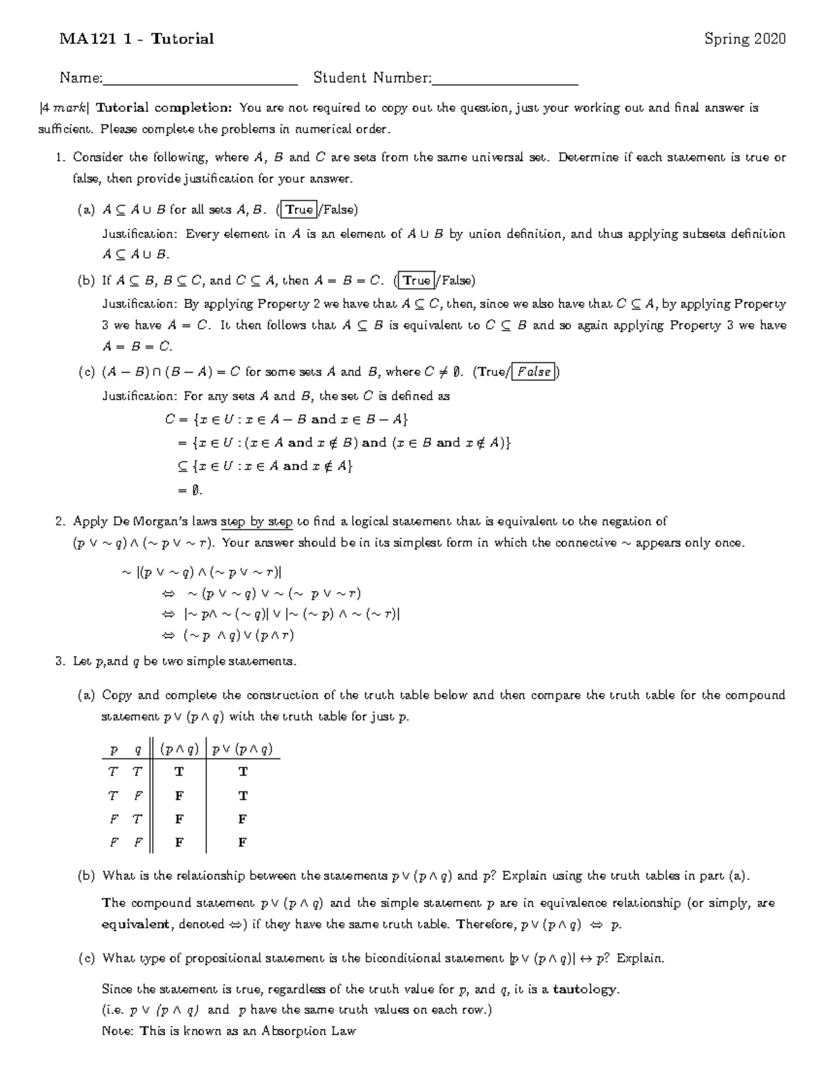121Lab1Soln - lecture notes - MA121 1 - Tutorial Spring 2020 Name ...