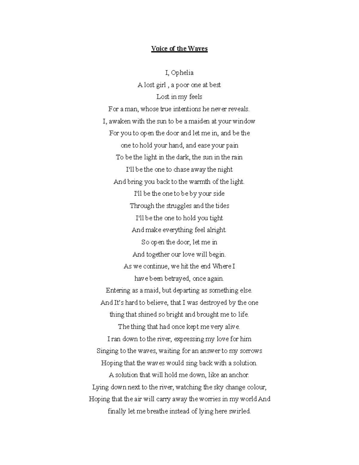 English CPT Poem - ch - Poem assignment - Voice of the Waves I, Ophelia ...