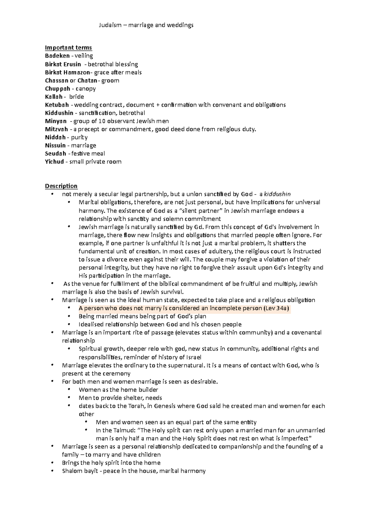 Judaism marriage – notes hsc course - Important terms Badeken - veiling ...