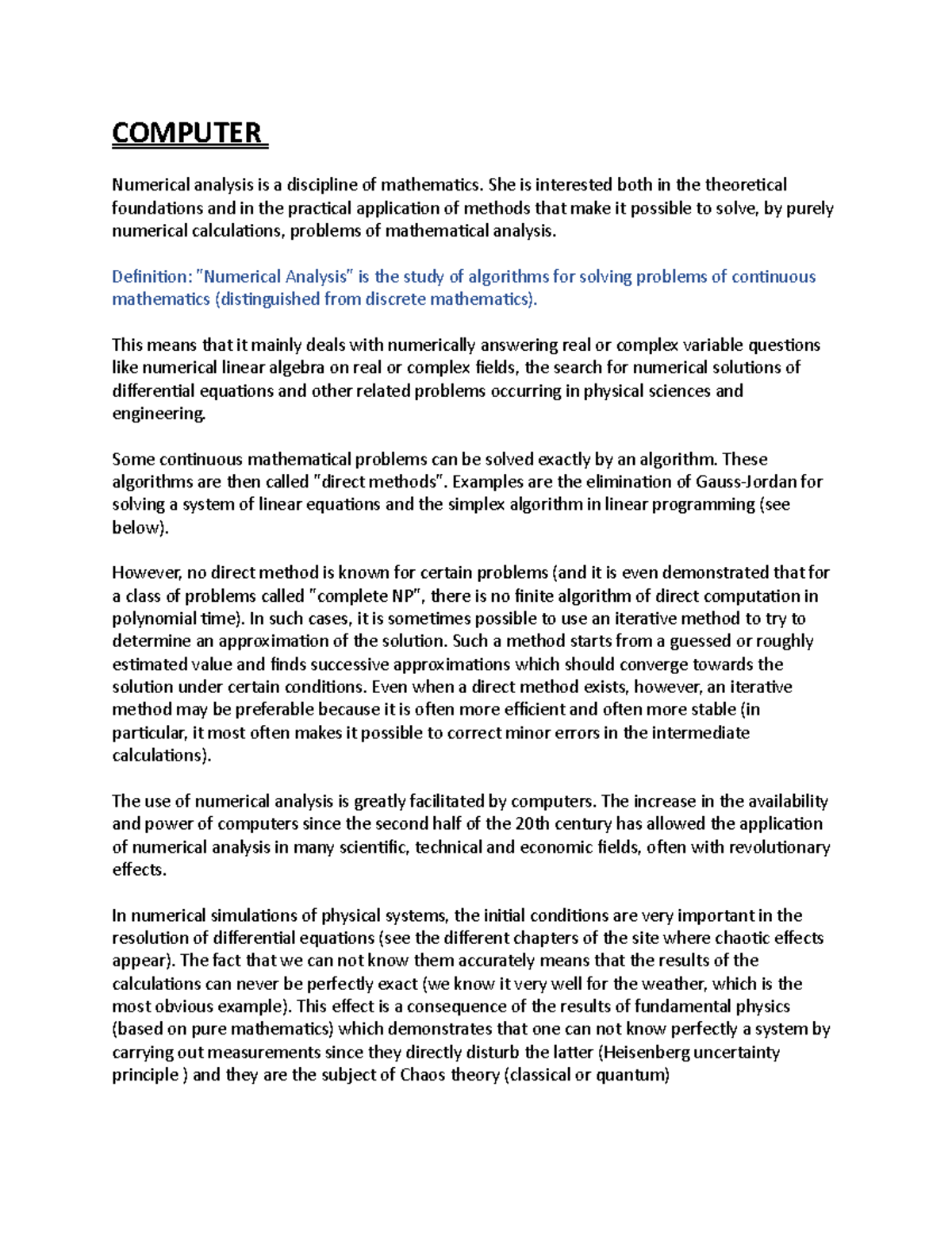 Computer - summary of class notes of the semester - COMPUTER Numerical ...