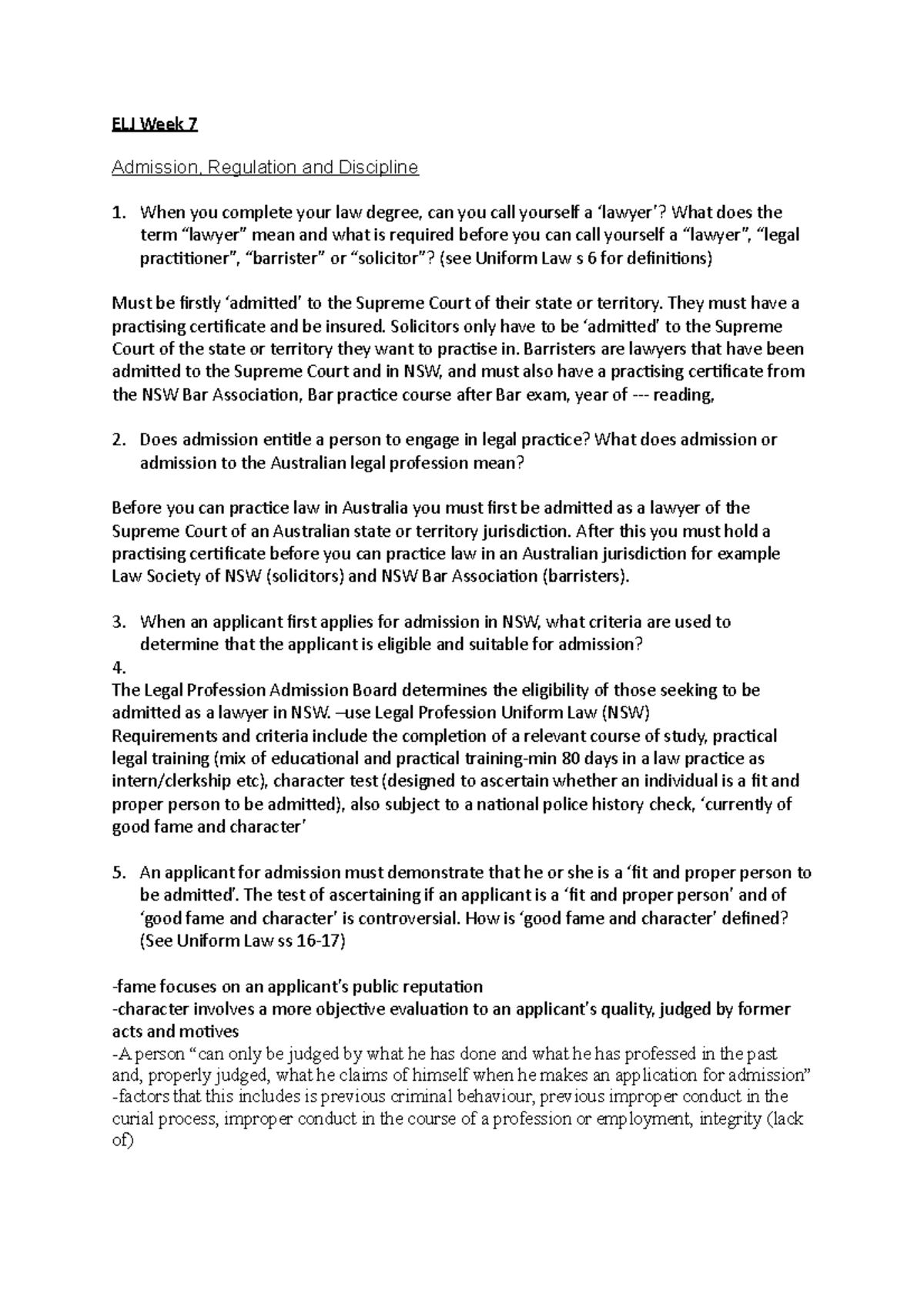 Seminar Week 7 Notes - ELJ Week 7 Admission, Regulation and Discipline ...