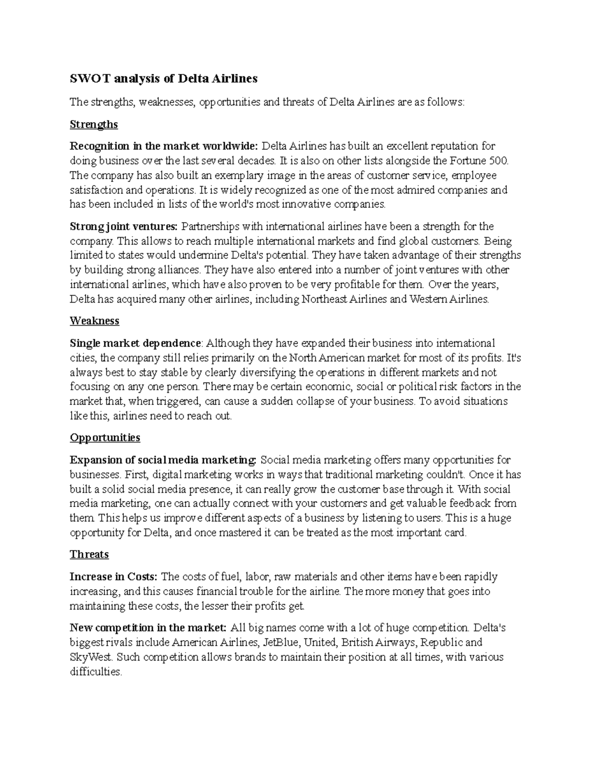 Swot-and-trategy - SWOT - SWOT analysis of Delta Airlines The strengths ...