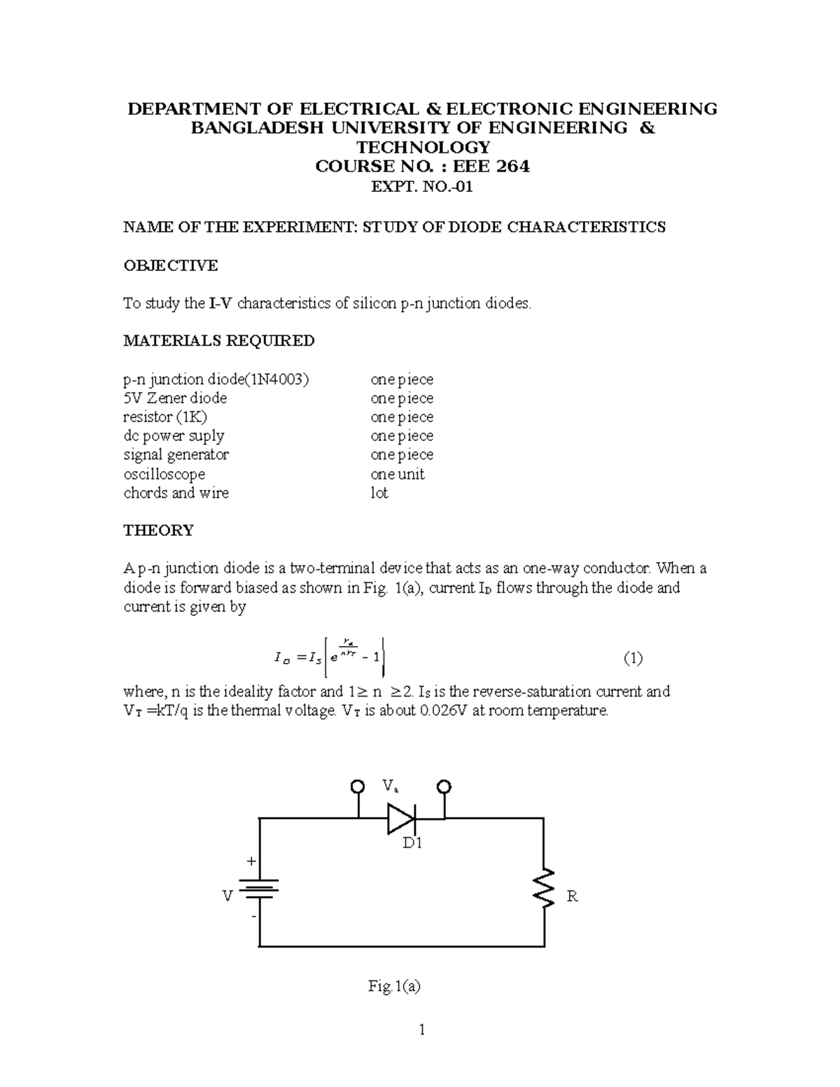 EXPT1 - circuit - DEPARTMENT OF ELECTRICAL & ELECTRONIC ENGINEERING BANGLADESH UNIVERSITY OF ...