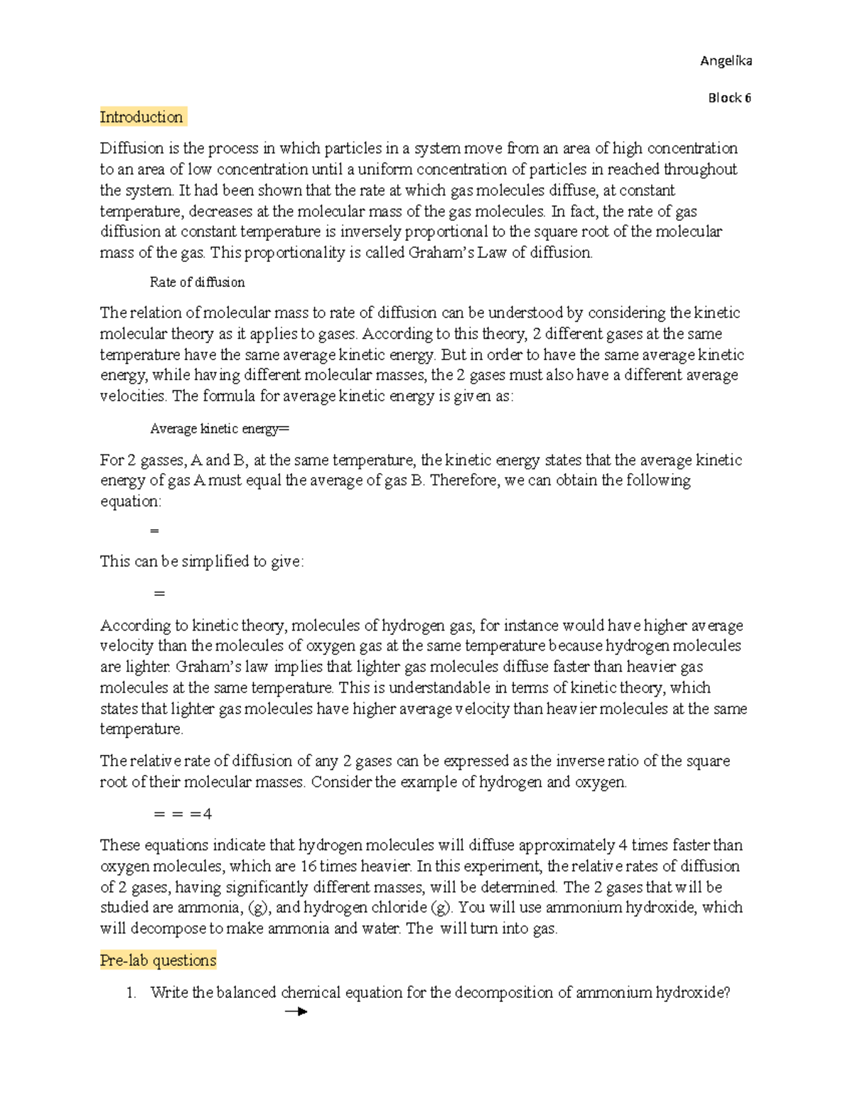 LAb report-3 - Diffusion - Block 6 Introduction Diffusion is the ...