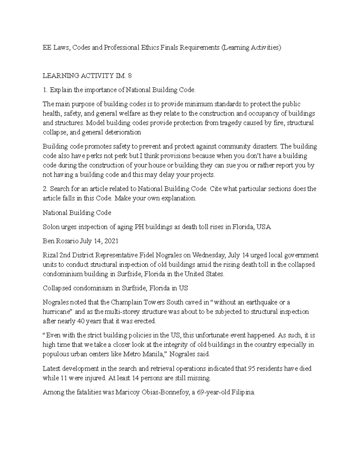 EE LAWS Assignments - ACTIVITIES - EE Laws, Codes and Professional ...