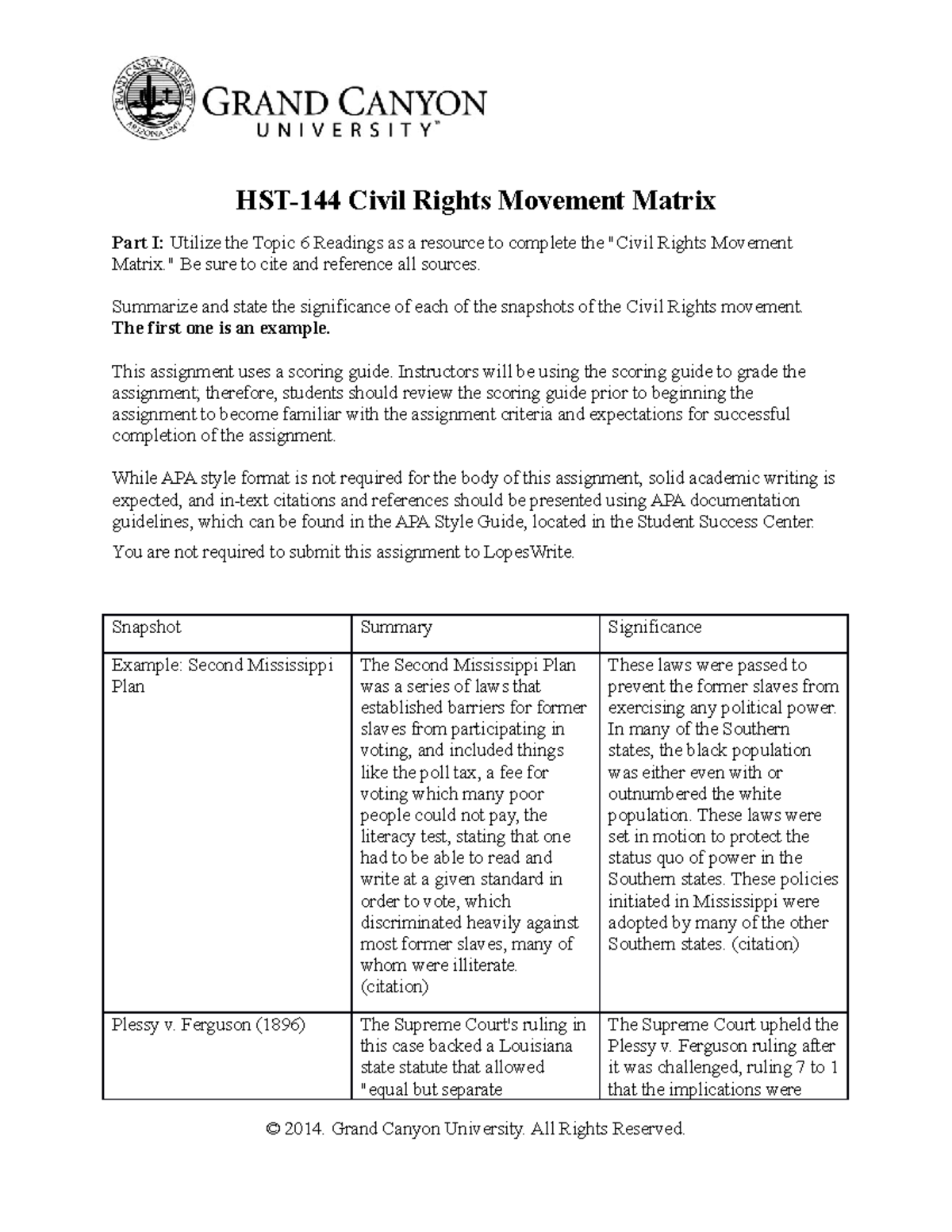 Civil Rights Movement Matrix - " Be sure to cite and reference all ...