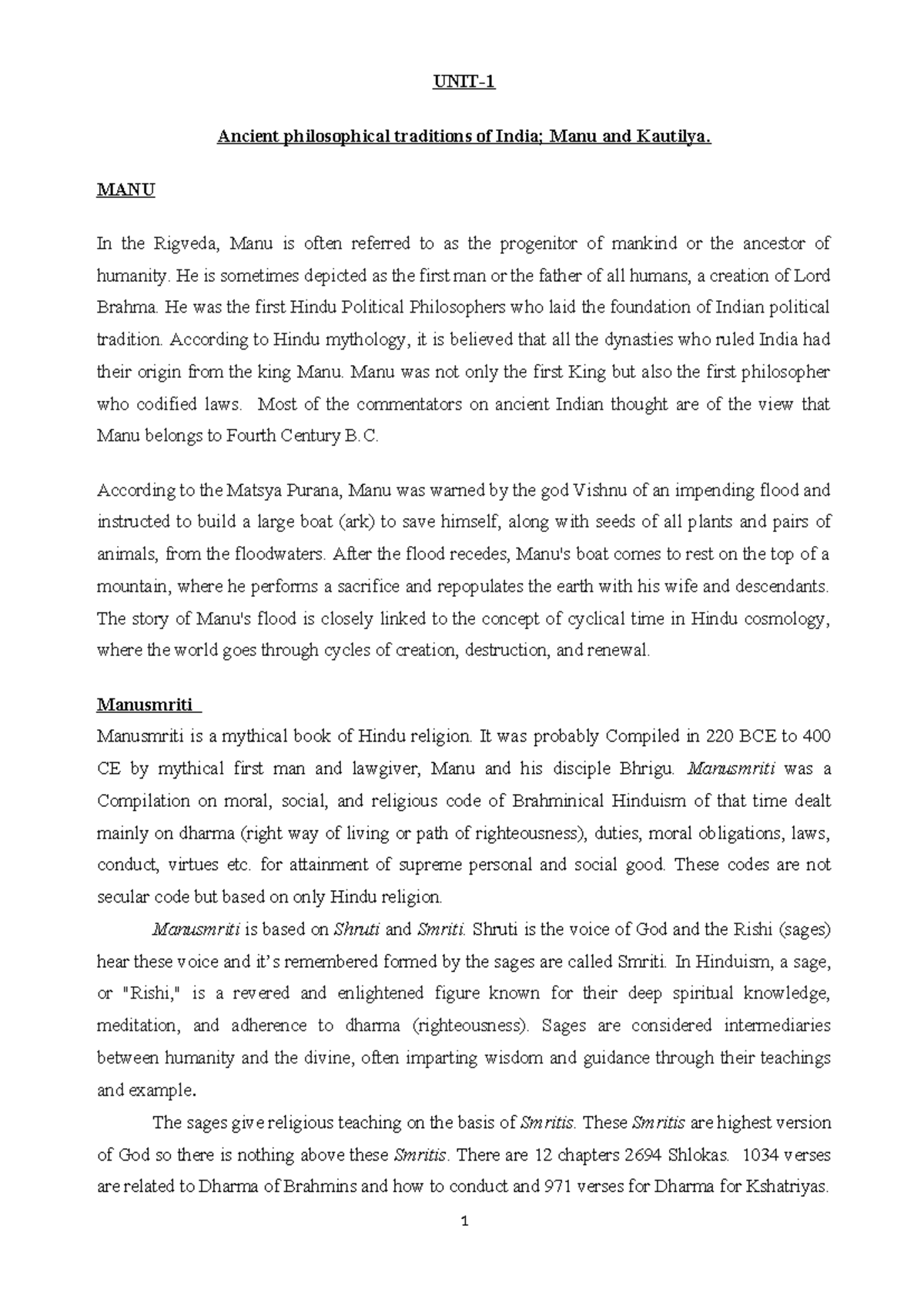 Manu - Indian Political thought: Manu - UNIT- Ancient philosophical ...