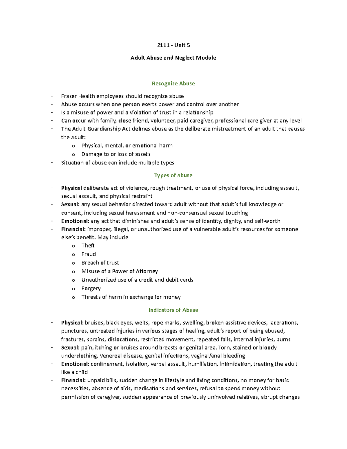 N2111 UNIT 5 - Adult Abuse and Neglect Module notes - 2111 - Unit 5 ...